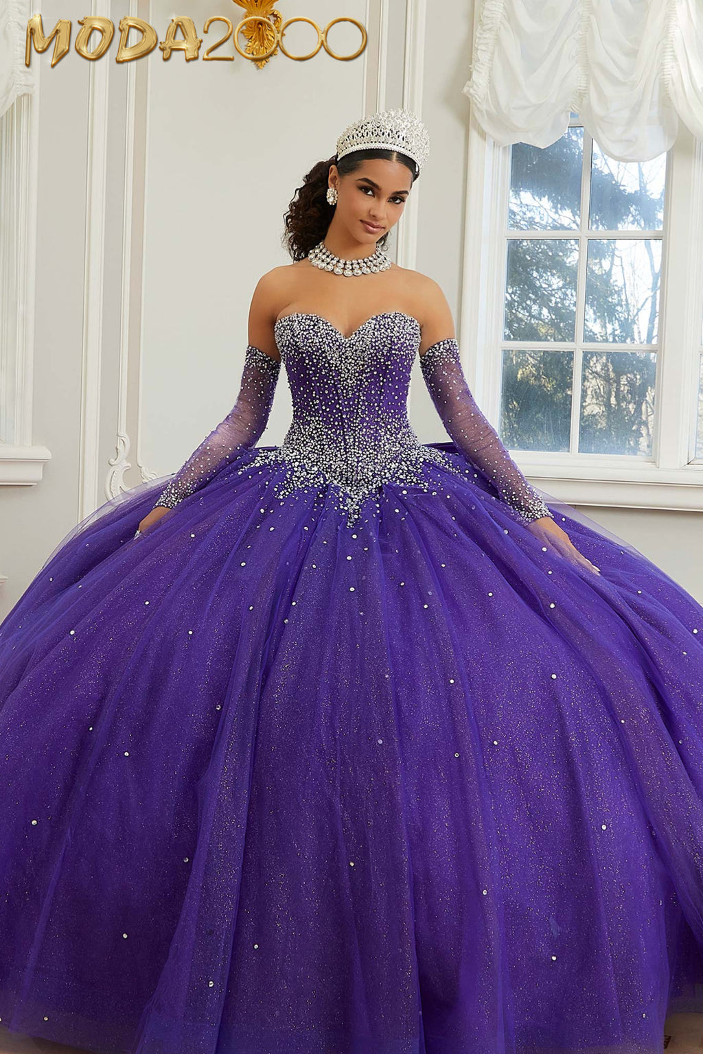 M2k60205 Crystal Beaded Sparkle Tulle Quinceañera Dress With Back Bo