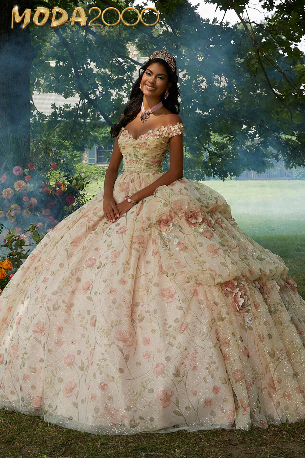 M2K89457 | Floral Printed Quinceañera Dress with Three-Dimensional Flo ...