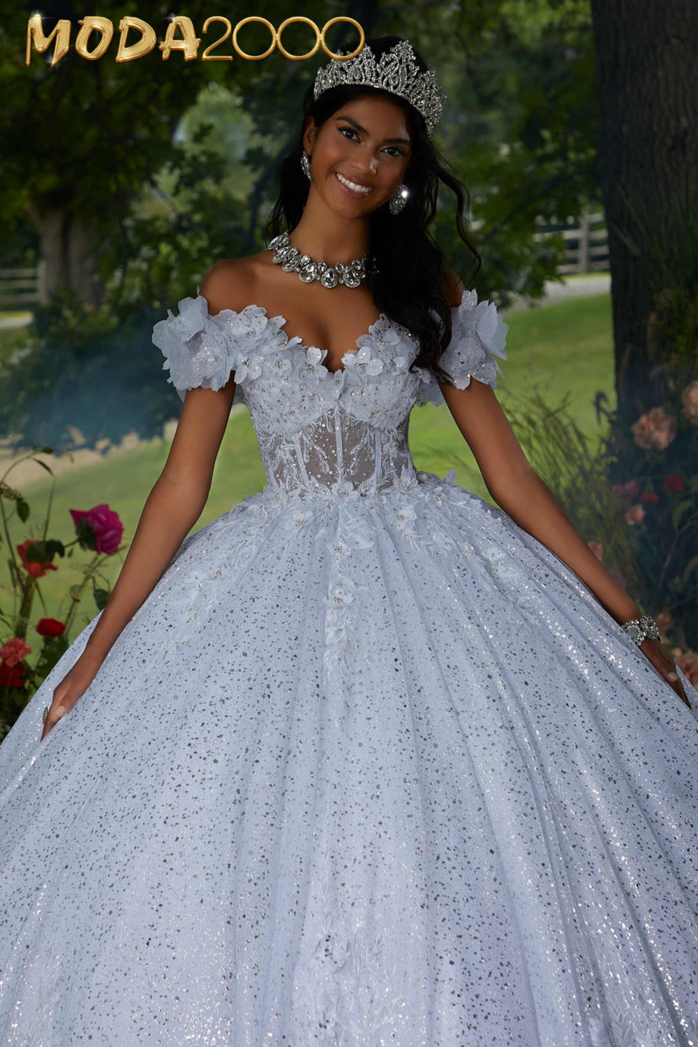 M2K34102 | Foil Printed Tulle Quinceañera Dress with Three-Dimensional ...