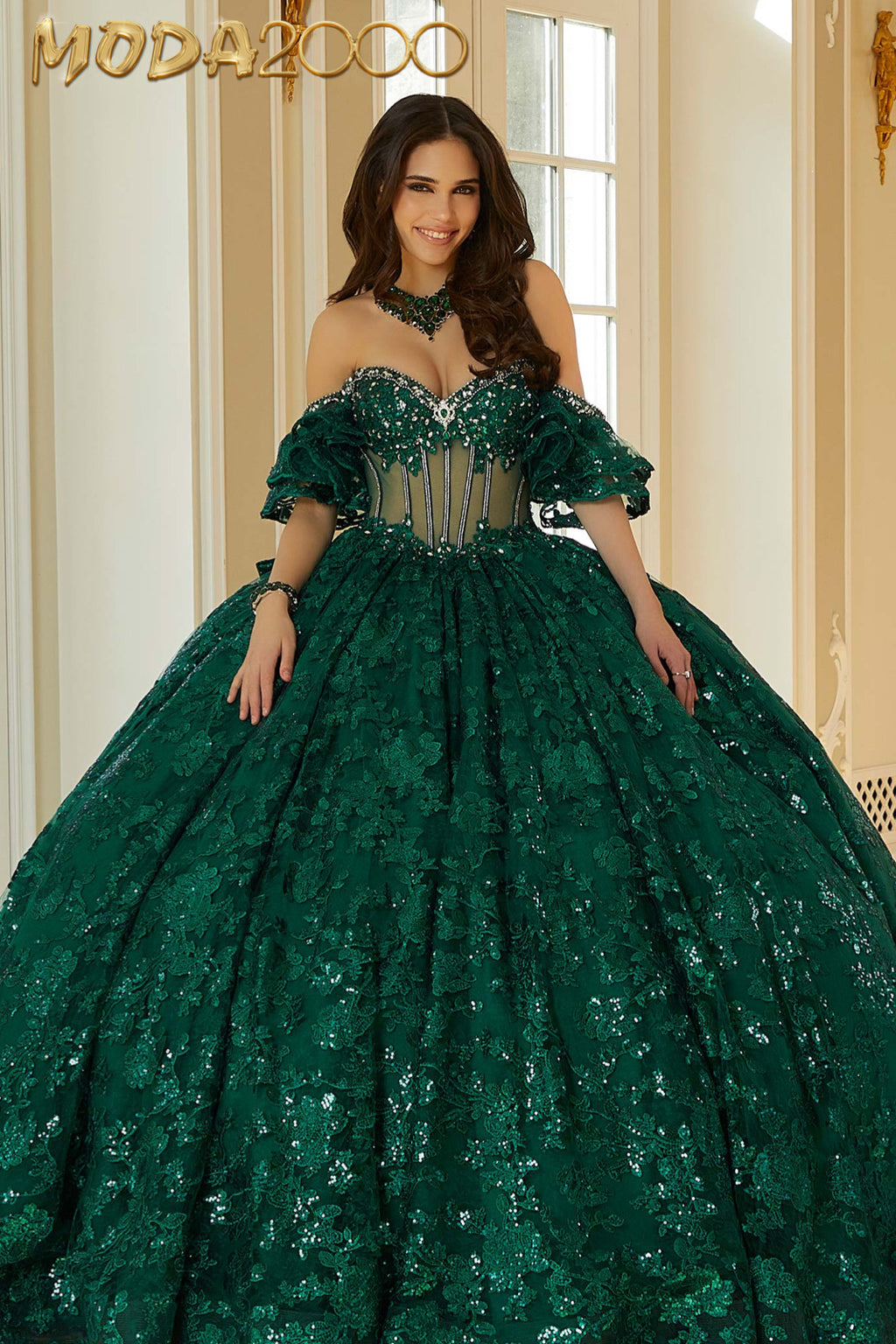 M2K34114 | Floral Patterned Sequin Embroidered Tulle Quinceañera Dress ...