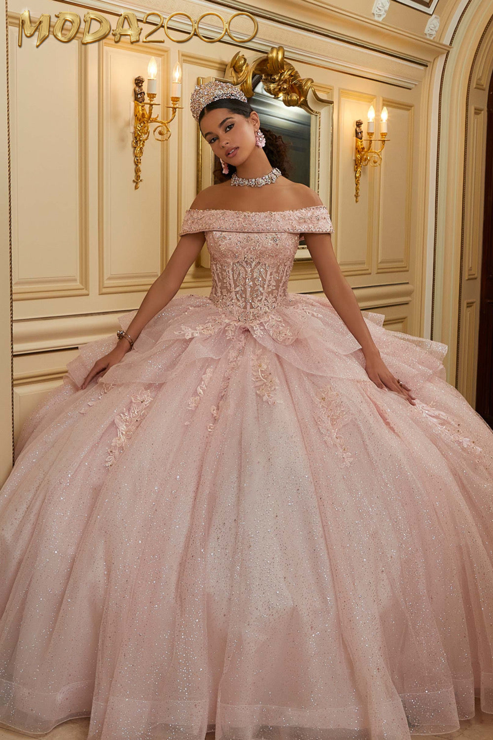 M2K89485 | Diamanté and Crystal Beaded Metallic Lace Quinceañera Dress ...